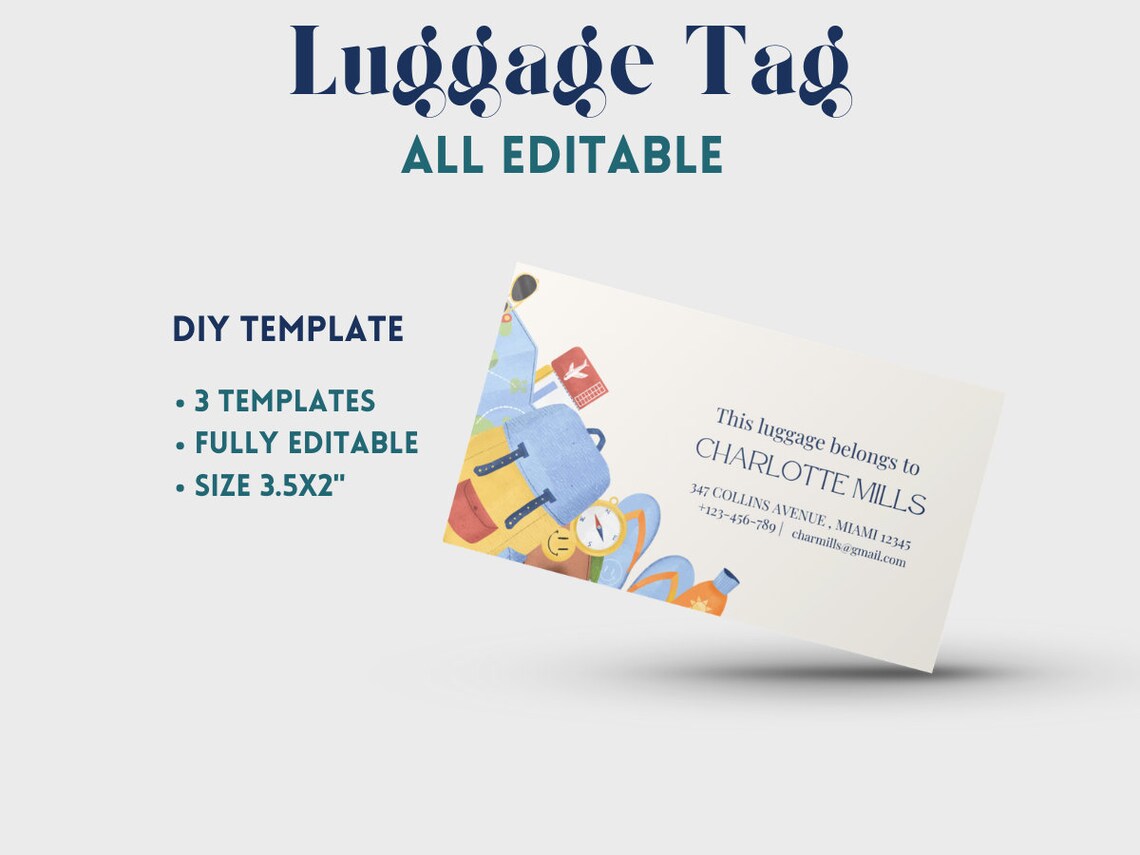 Editable Luggage Tag Template. Travel Itinerary. Digital Suitcase Bag ...