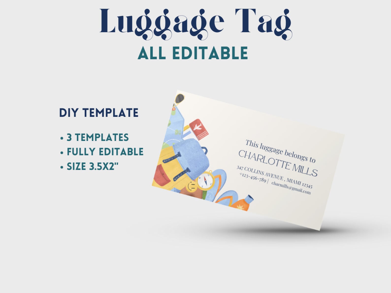 Editable Luggage Tag Template. Travel Itinerary. Digital Suitcase Bag ...