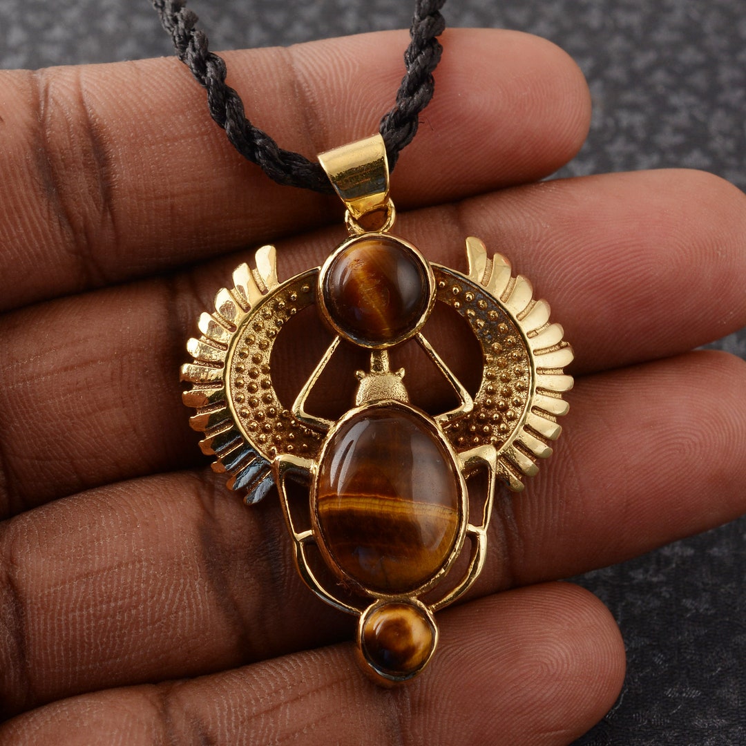 Tiger's Eye Scarab Necklace, Gold Scarab Necklace, Brown Scarab Pendant ...