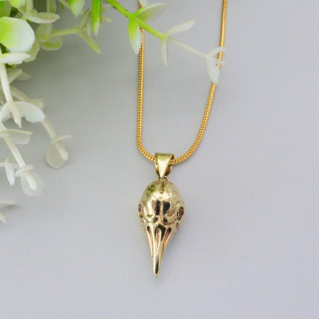 Gold Raven Skull Charm Pendant Necklace, Crow Skull Necklace, Corvidae ...