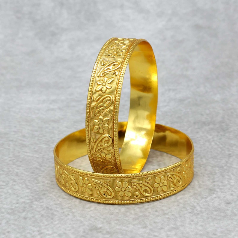 18k Gold Filled Floral Bangle, Flower Pattern Kada Bangle, Stacking ...