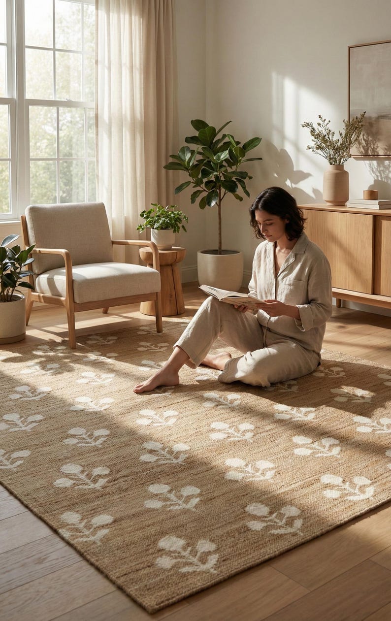 White Wool & Gold Jute Rug – Flatweave Kilim, Contemporary Boho Kitchen ...