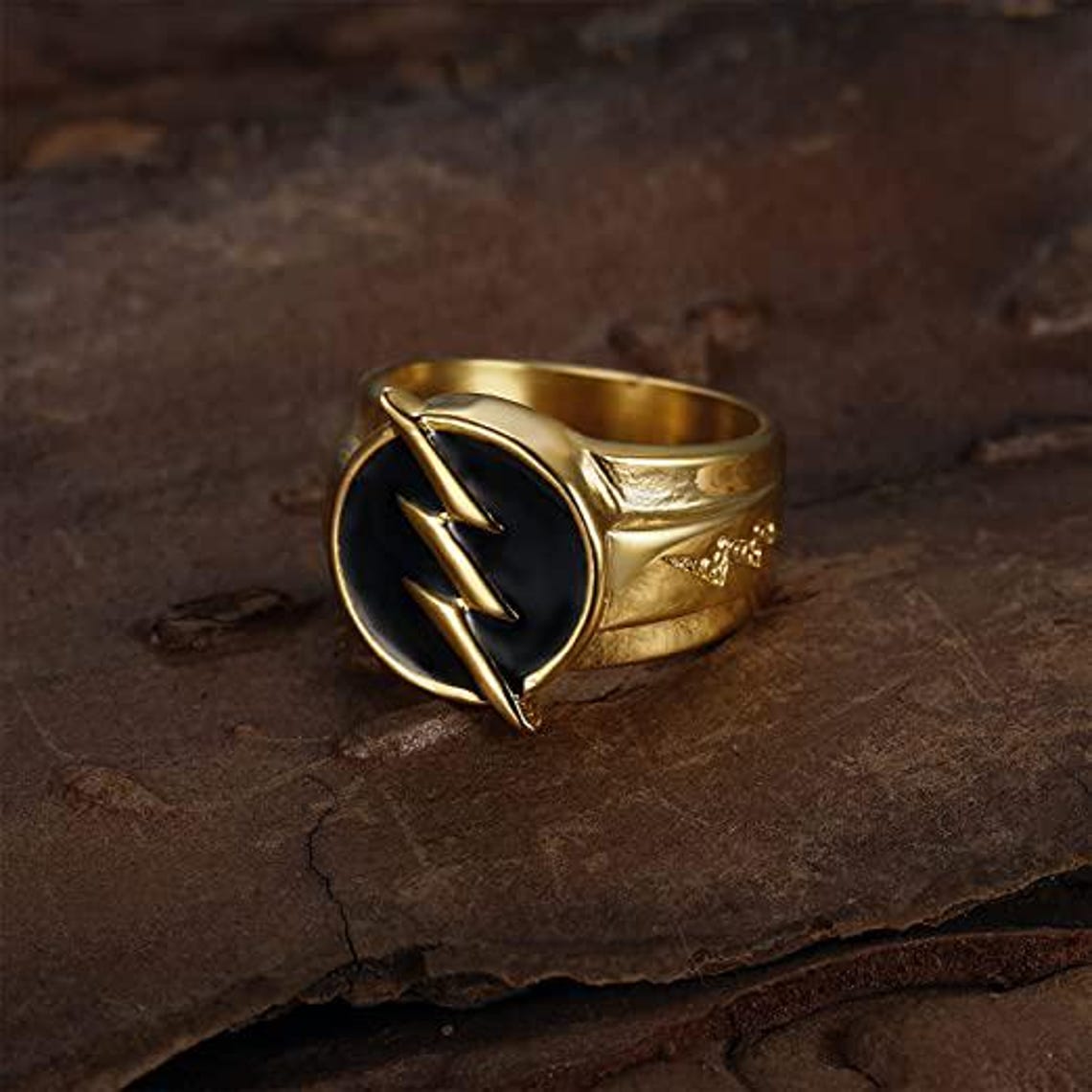 14k Yellow Gold Reverse Flash Ring Black Enamel Lightning Bolt Ring ...