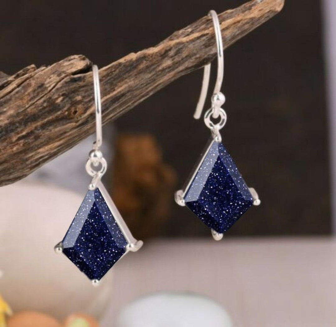 14k White Gold Kite Cut Blue Sandstone Gemstone Engagement/wedding ...