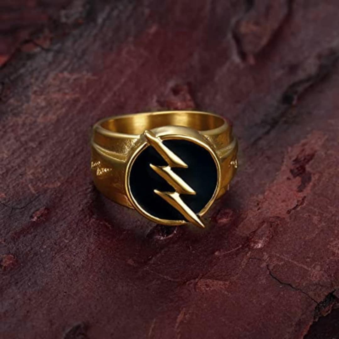 14k Yellow Gold Reverse Flash Ring Black Enamel Lightning Bolt Ring ...