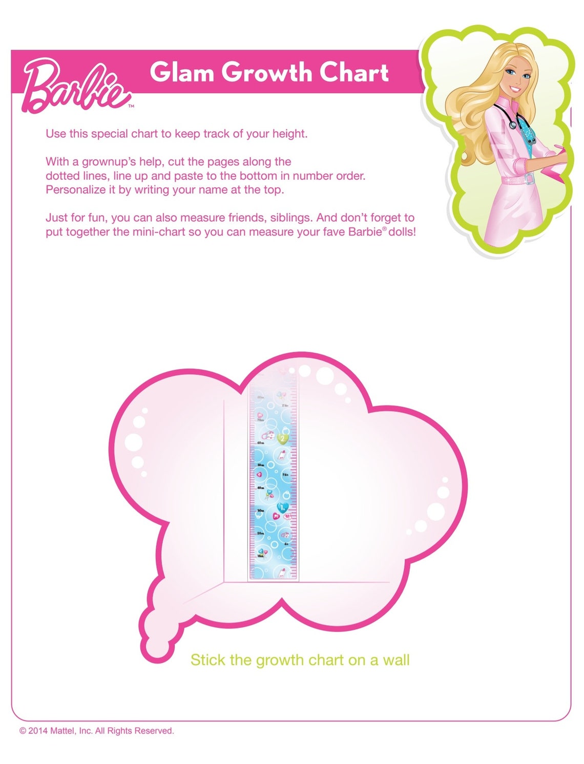 Printable 'BARBIE' Growth Chart for Kid's with Stickers to Track Height ...