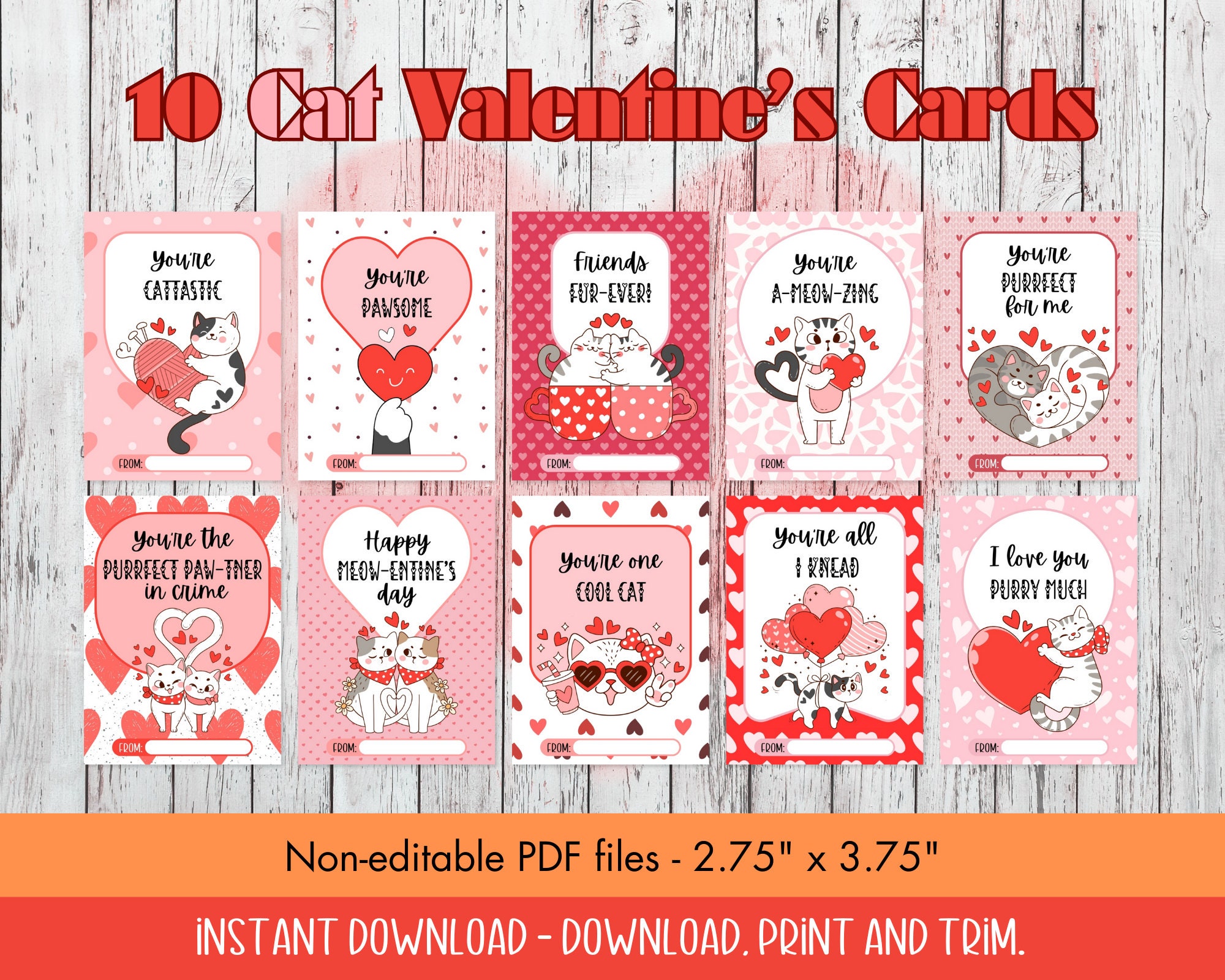 Mini Classroom Valentine's Day Cat Notecards, Printable Pun Valentine's ...