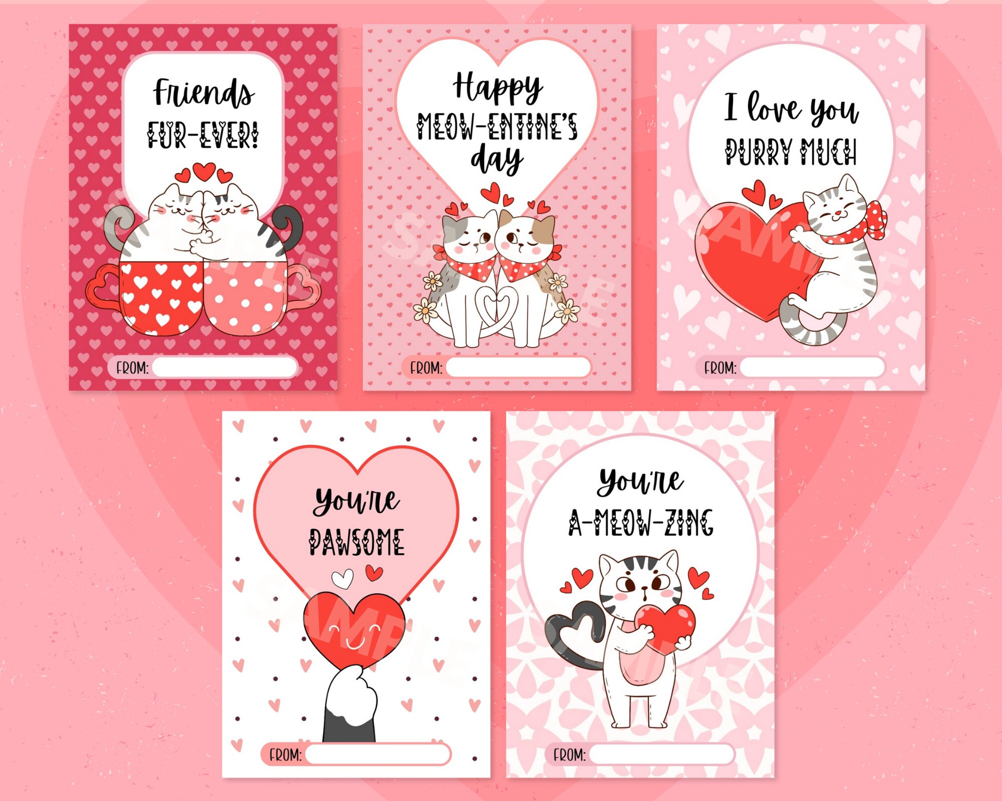 Mini Classroom Valentine's Day Cat Notecards, Printable Pun Valentine's ...