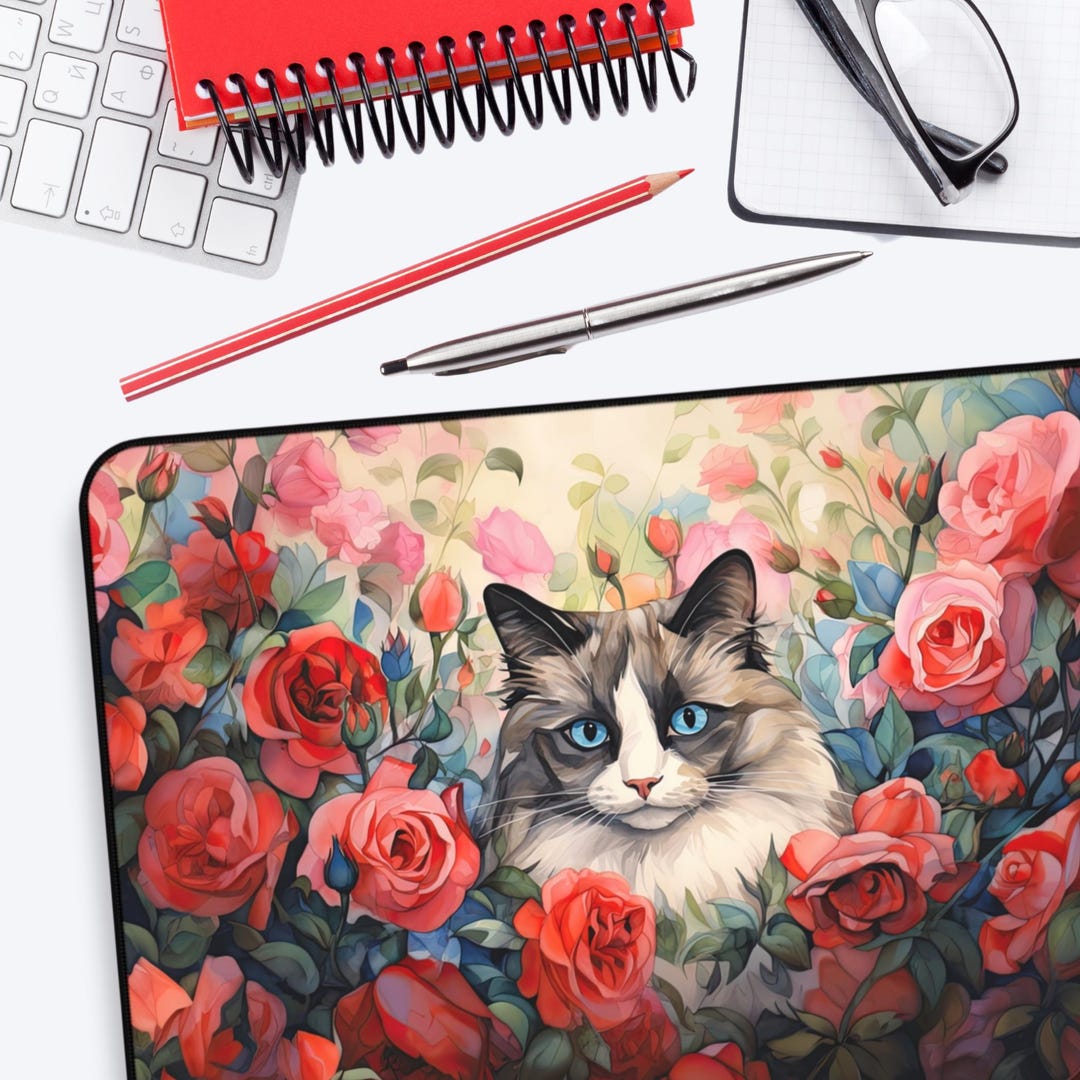 Bicolor Ragdoll Cat & Roses Deskmat | Cute Cat Desk Mat Aesthetic | Cat ...