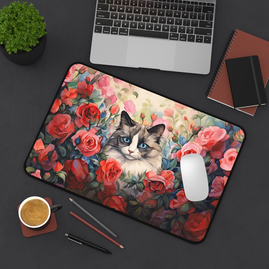 Bicolor Ragdoll Cat & Roses Deskmat Cute Cat Desk Mat Aesthetic Cat Mom ...