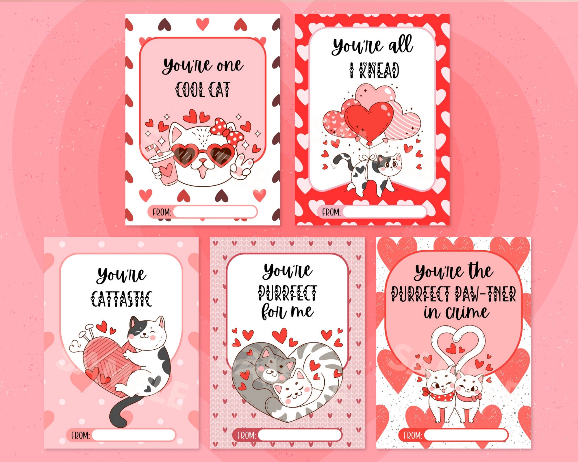 Mini Classroom Valentine's Day Cat Notecards, Printable Pun Valentine's ...