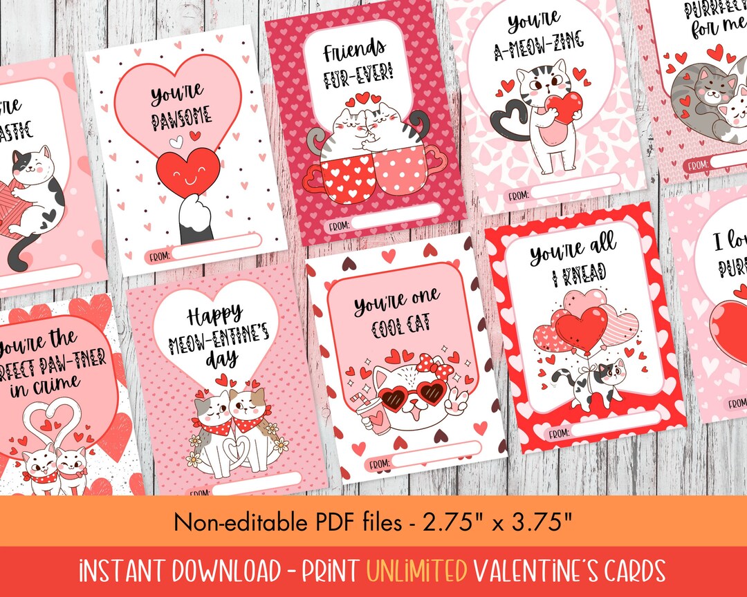 Mini Classroom Valentine's Day Cat Notecards, Printable Pun Valentine's ...