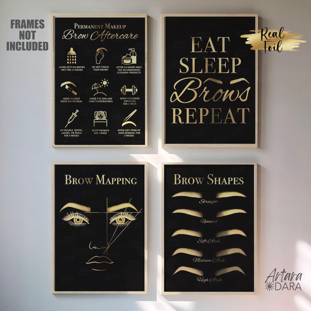 Set 4 Brow Posters, Real Foil Print, Beauty Salon Decor, PMU Brow Art ...