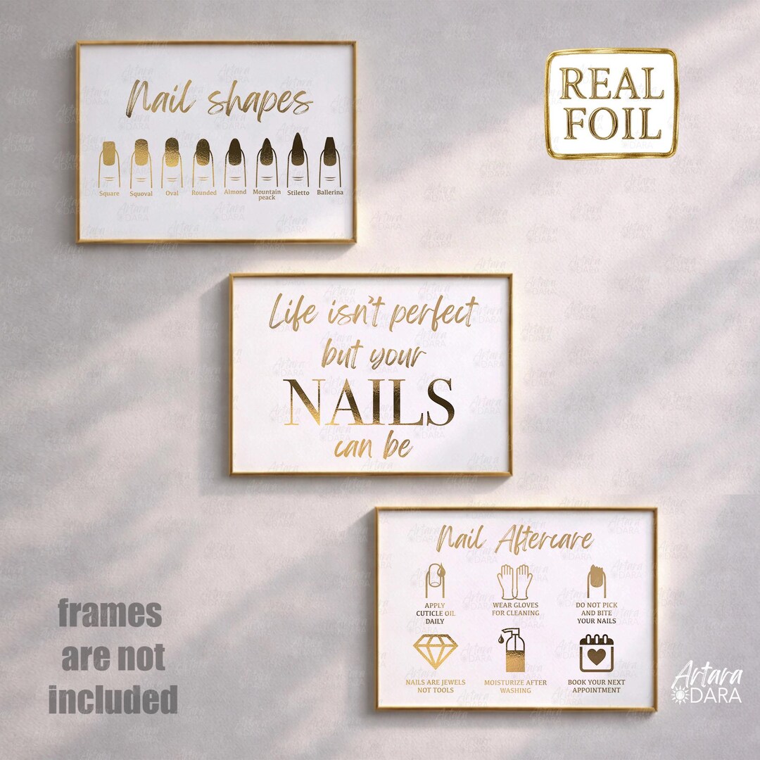 Nail Salon Gold Foil Posters Set of 3 | Nail Shapes, Nail Aftercare ...