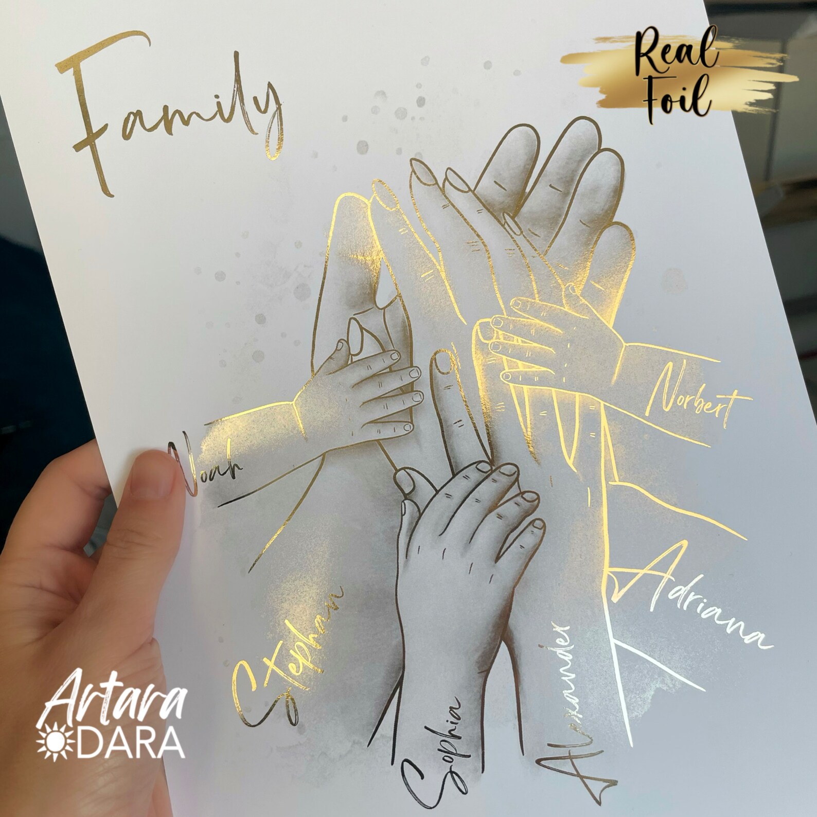 Family Hands Art, Real Foil Print, Hands Wall Art, Gold Family Hands ...
