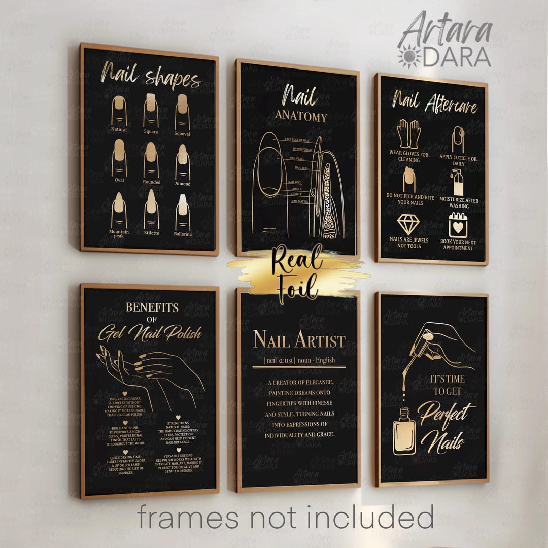 6 Nail Salon Poster, Nail Salon Gallery, Real Foil Print, Nail Shapes ...