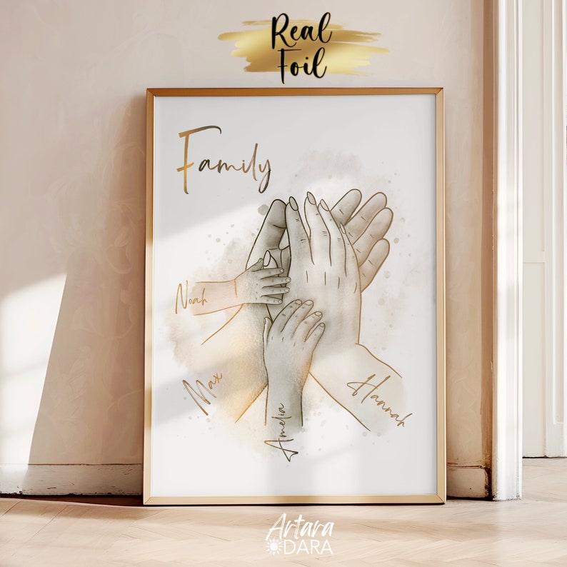 Family Hands Art, Real Foil Print, Hands Wall Art, Gold Family Hands ...