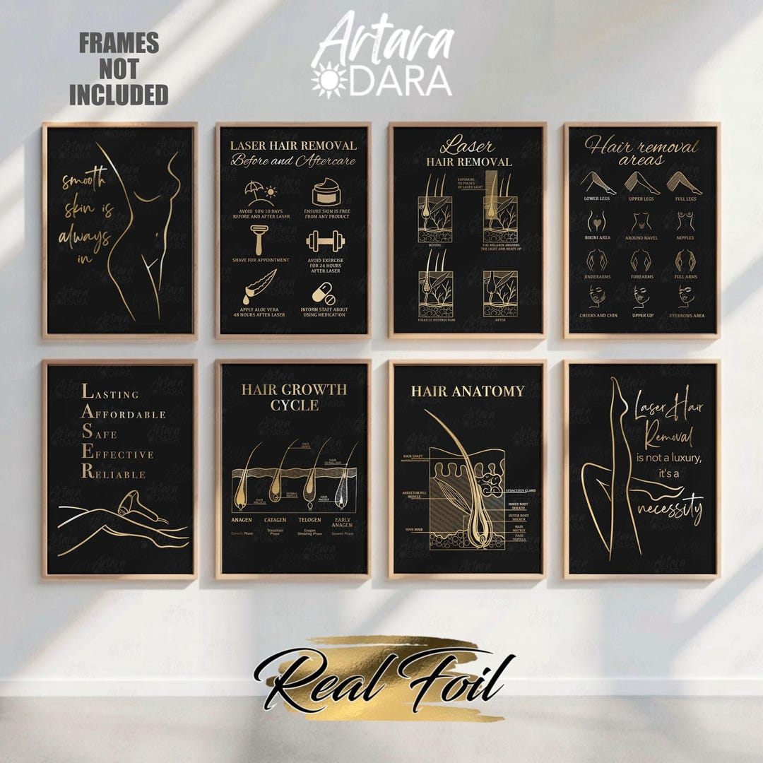 Laser Salon Decor, Laser Hair Removal, Gold Foil Print, Laser Aftercare ...