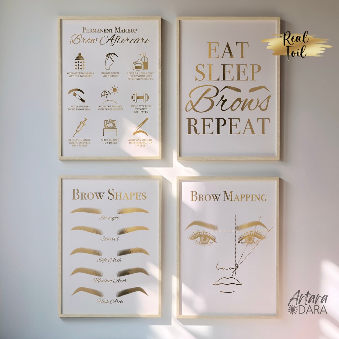 Set 4 Brow Wall Art, Real Foil Print, PMU Brow Aftercare, Brow Shapes ...