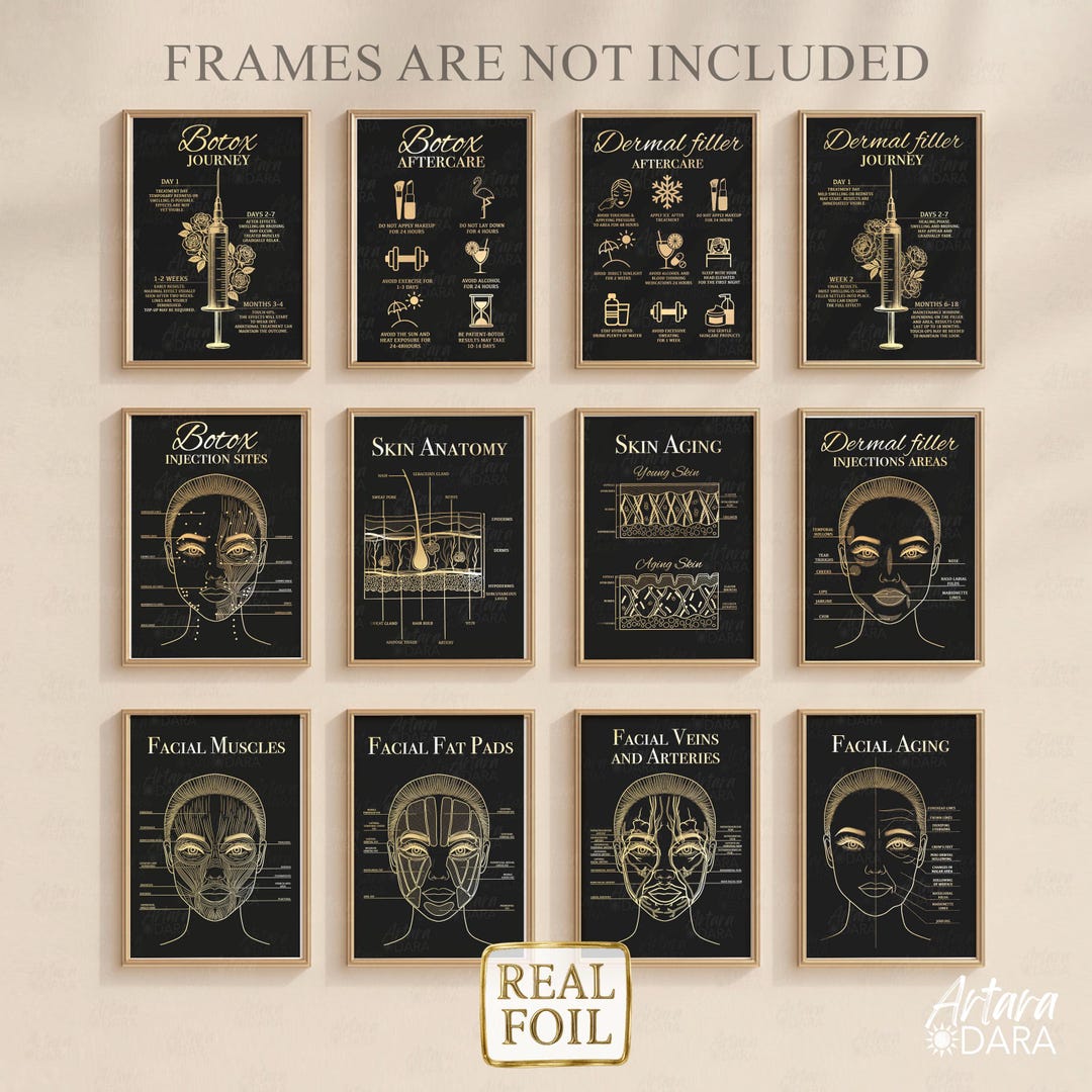 Gold Foil Poster Set of 12 – Botox, Filler, Facial Anatomy & Skin Aging ...