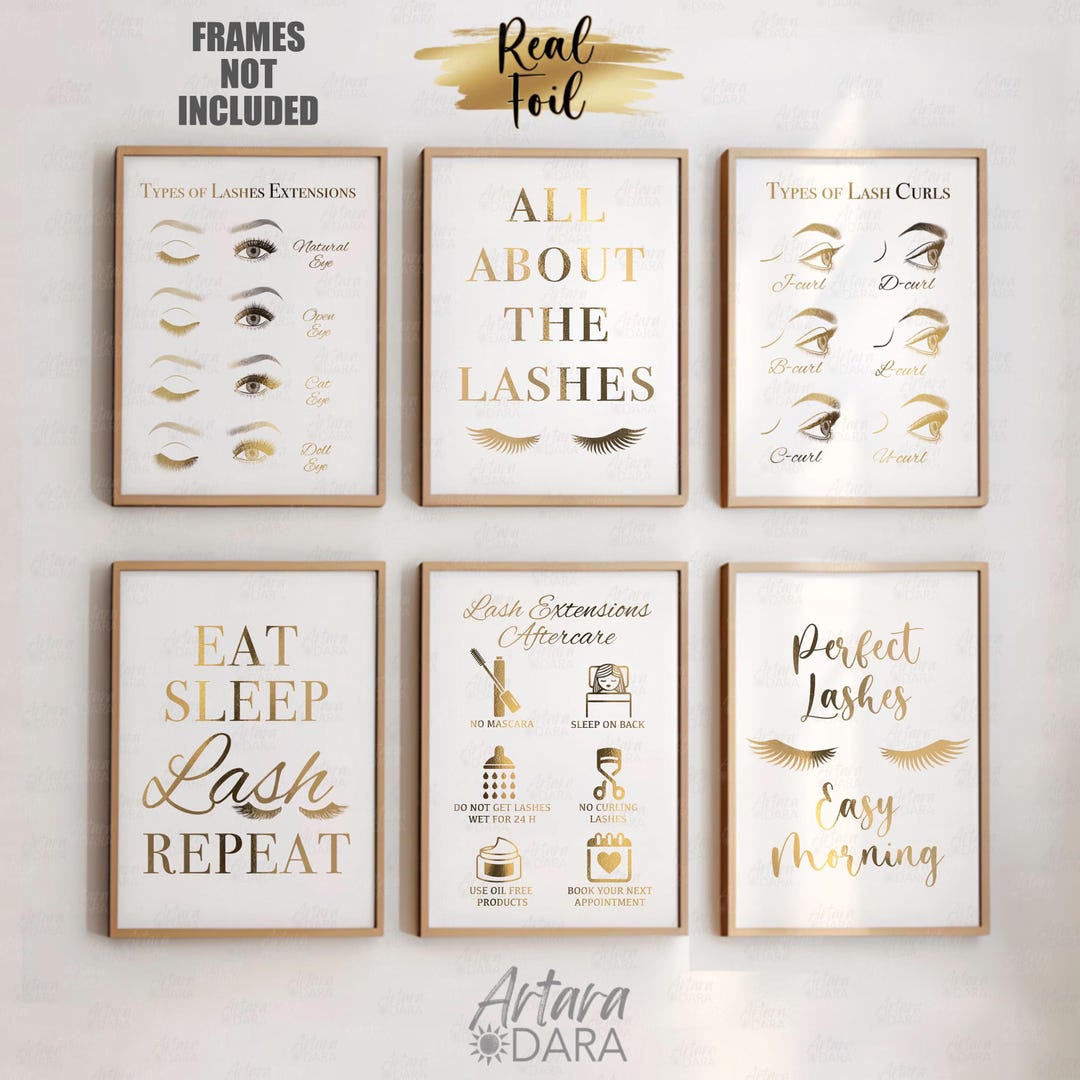 Lash Extension Poster Set – 6 Gold Foil Prints With Lash Aftercare ...