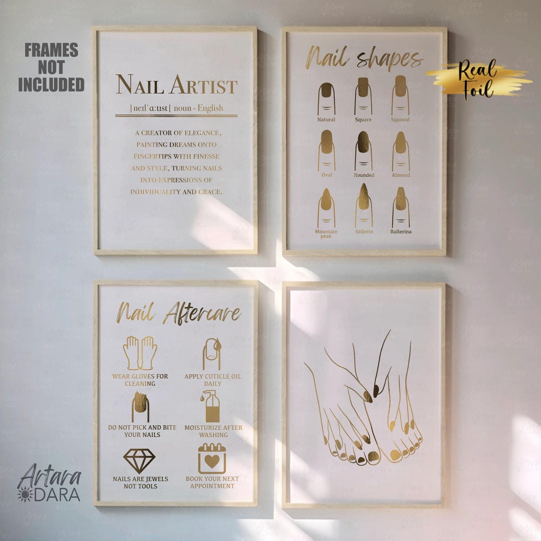 Nail Care Poster Set of 4 – Gold Foil Wall Art – Aftercare, Shapes ...