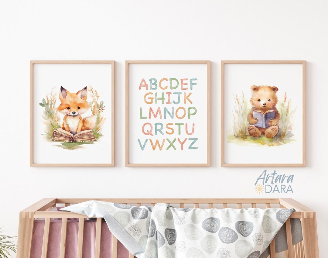 Animaux de la forêt affiche Boho Alphabet imprimer petit renard Reeding ...