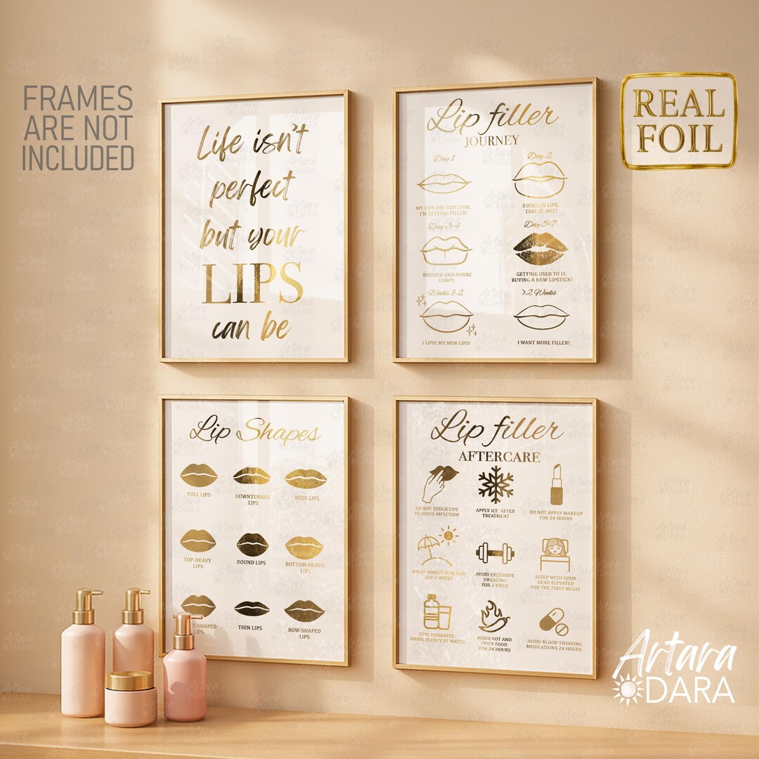 Lip Filler Posters Set of 4 – Gold Foil Aftercare, Lip Shapes and ...