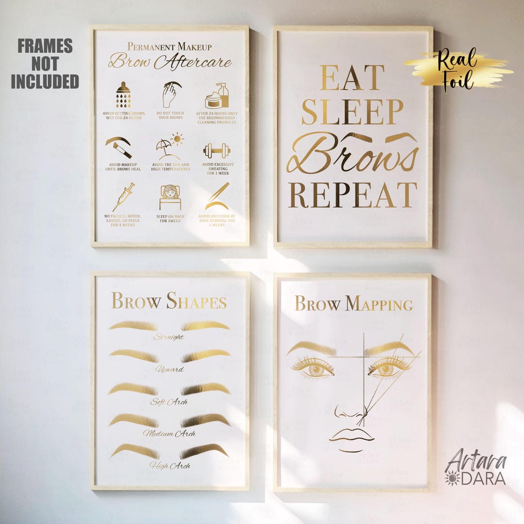 Set 4 Brow Wall Art, Real Foil Print, PMU Brow Aftercare, Brow Shapes ...