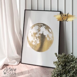 Golden Moon Art, Real Foil Print, Lunar Poster, Full Moon Poster, La ...
