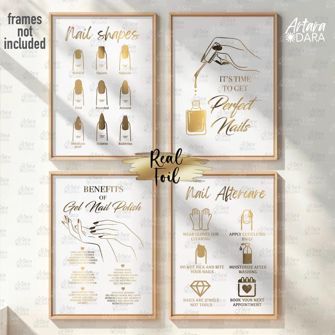 Nails Salon Poster, Nail Shape Chart, Real Foil Print, Nail Aftercare ...