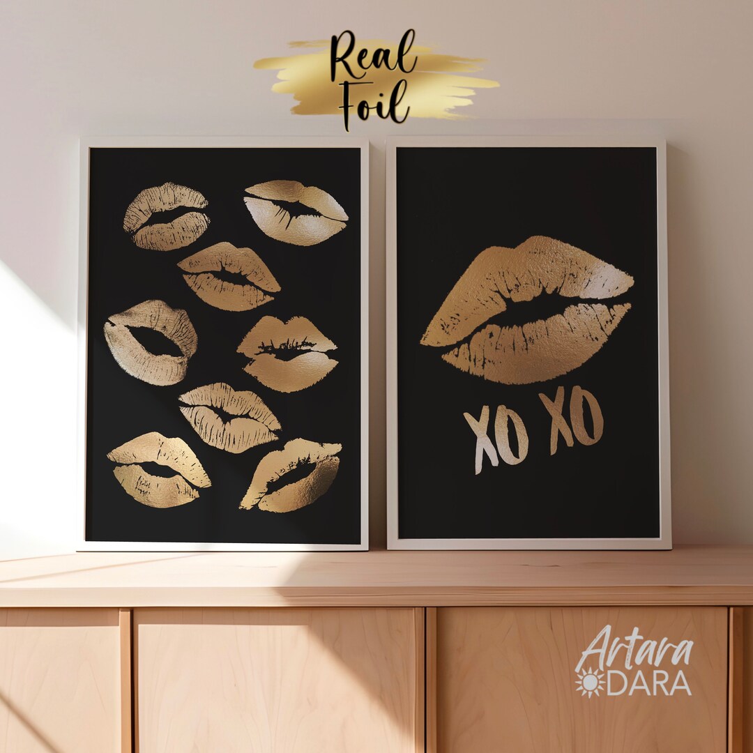 Gold Lips Art, Real Foil Print, Kiss Poster, Beauty Salon Decor, Gold ...
