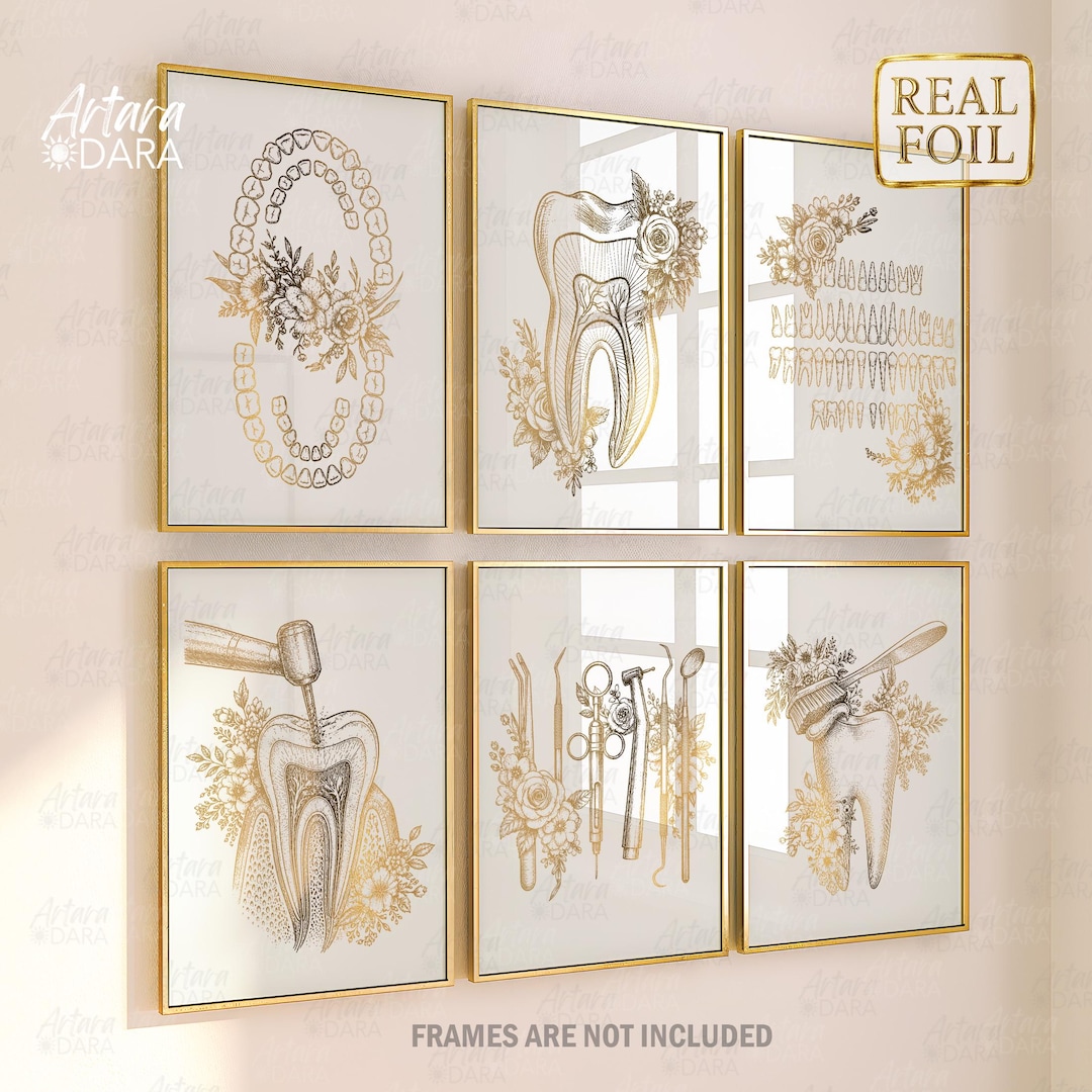 Dental Wall Art Set Gold Foil Prints, Teeth Anatomy Posters, Dentist ...