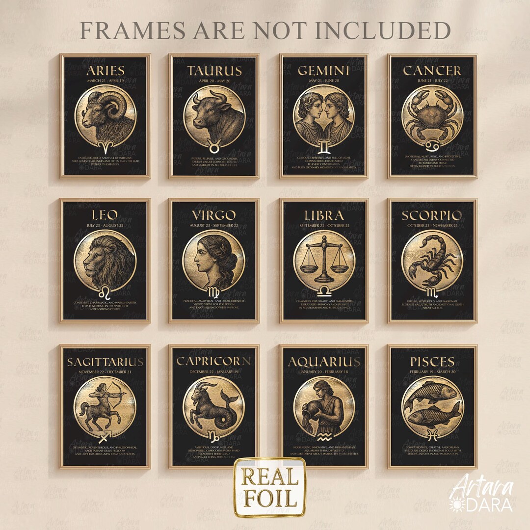 Custom Gold Foil Zodiac Poster Set – Black Astrology Art (no Frames ...