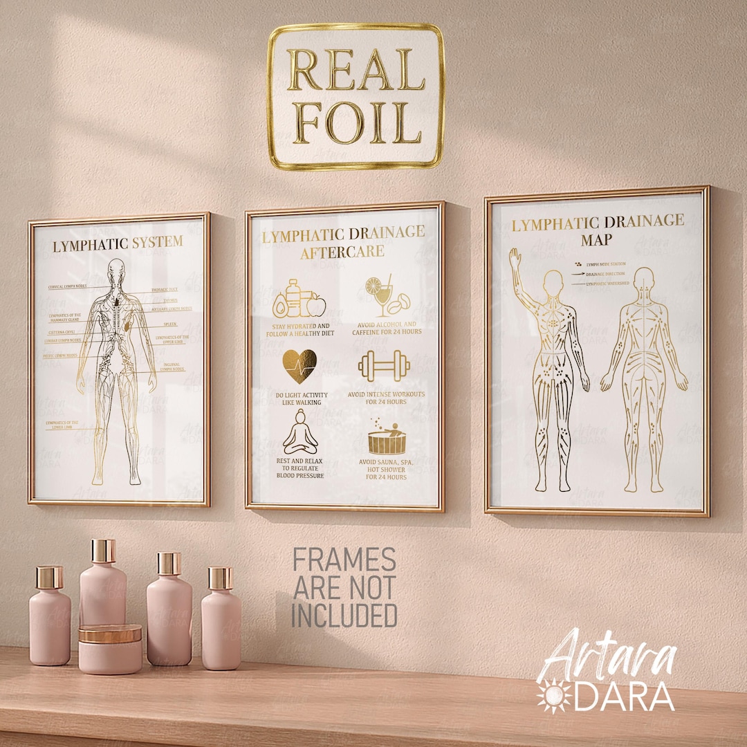 Gold Foil Lymphatic Drainage Poster Set of 3, MLD Massage Therapist ...