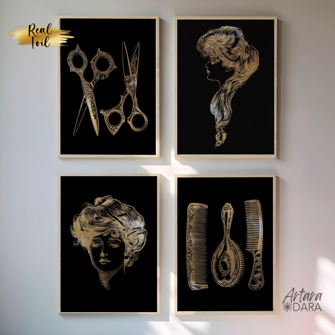 Hair Salon Poster, Gold Foil Print, Hairdressing Art, Vintage Hair ...