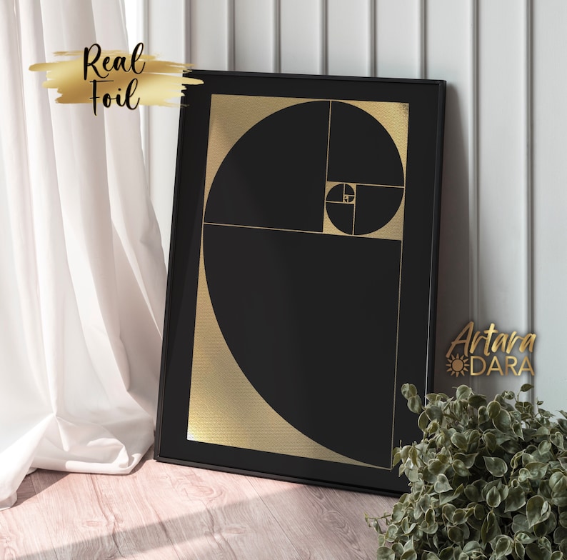 Golden Ratio Art, Fibonacci Spiral Print, Real Foil Art, Gold Fibonacci ...