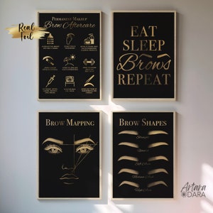 Set 4 Brow Wall Art, Real Foil Print, PMU Brow Aftercare, Brow Shapes ...