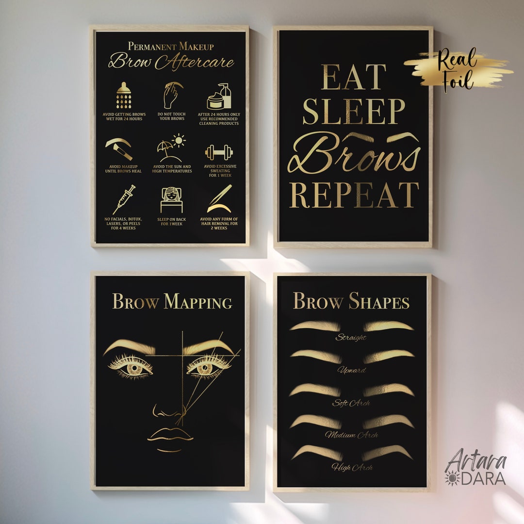 Set 4 Brow Posters, Real Foil Print, Beauty Salon Decor, PMU Brow Art ...