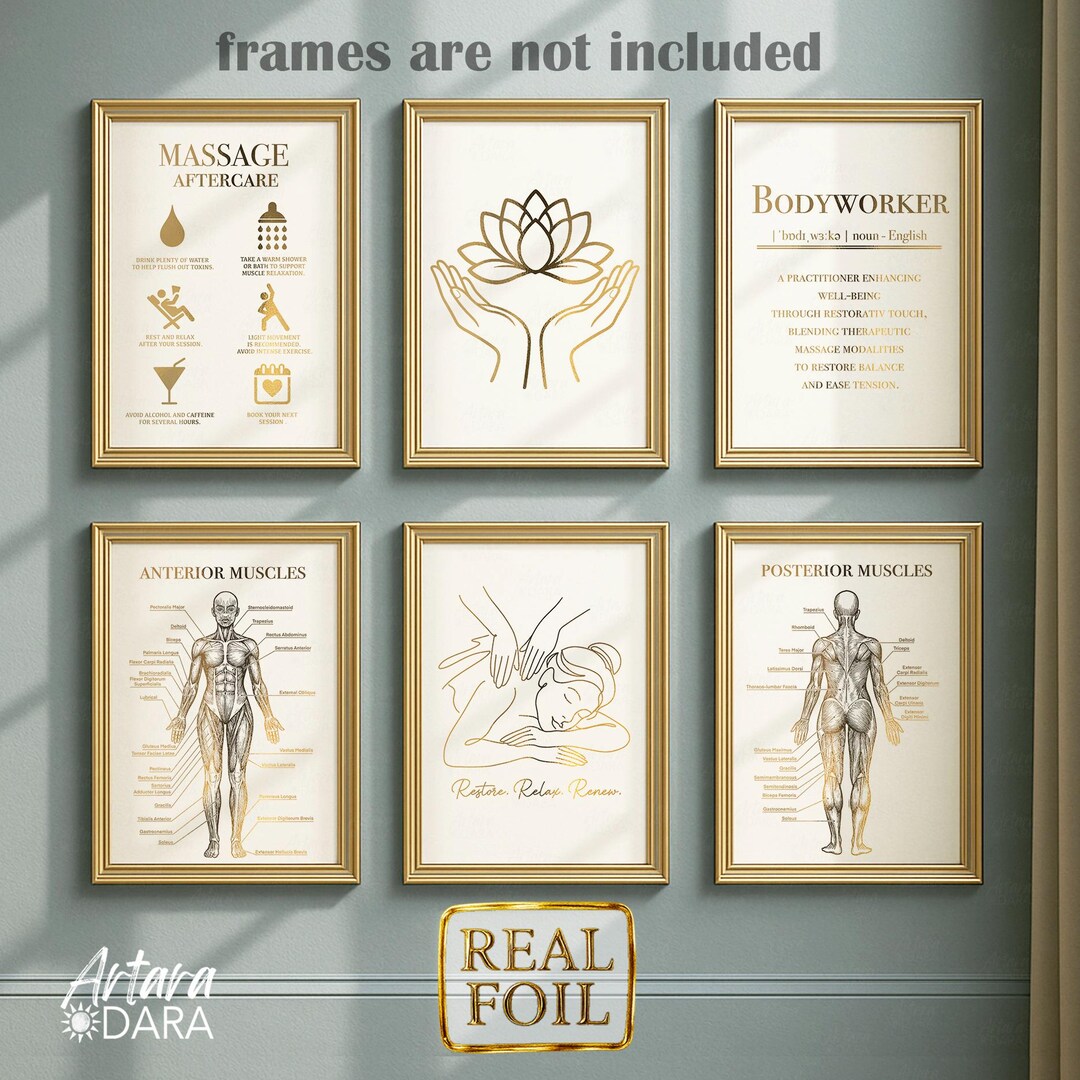 Massage Studio Wall Art Set of 6 – Gold Foil Bodyworker & Female Muscle ...