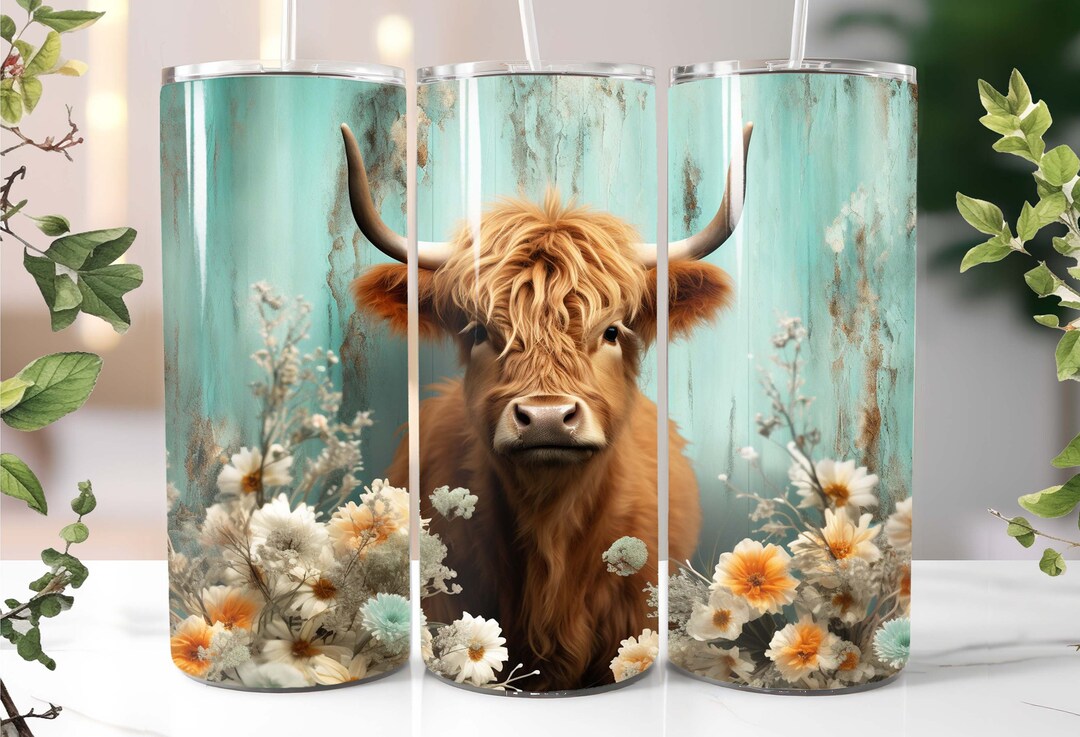 3D Highland Cow in Flowers Rustic Teal Tumbler Wrap - 20oz 30oz ...