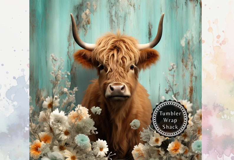 3D Highland Cow in Flowers Rustic Teal Tumbler Wrap - 20oz 30oz ...