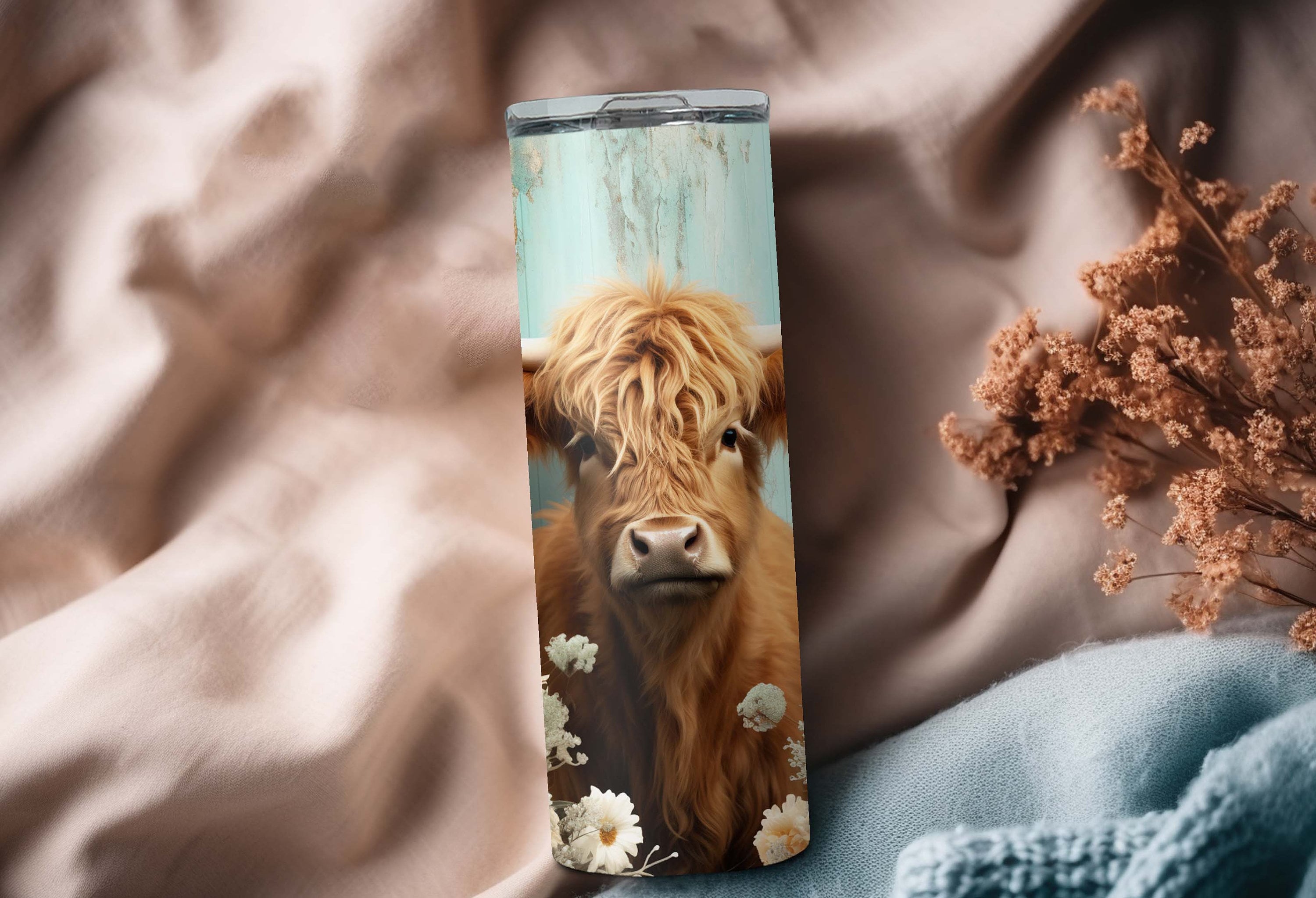 3D Highland Cow in Flowers Rustic Teal Tumbler Wrap - 20oz 30oz ...