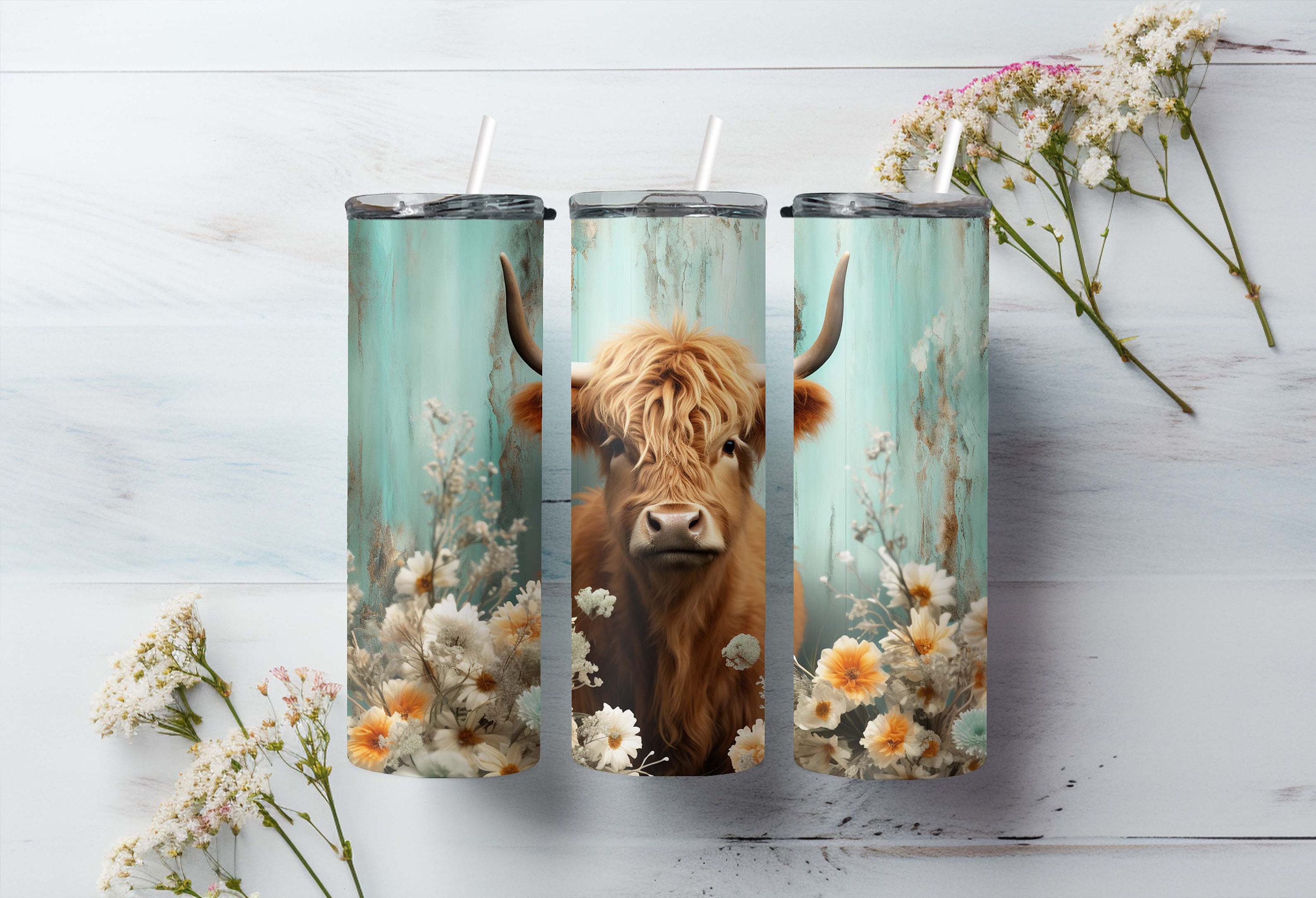 3D Highland Cow in Flowers Rustic Teal Tumbler Wrap - 20oz 30oz ...