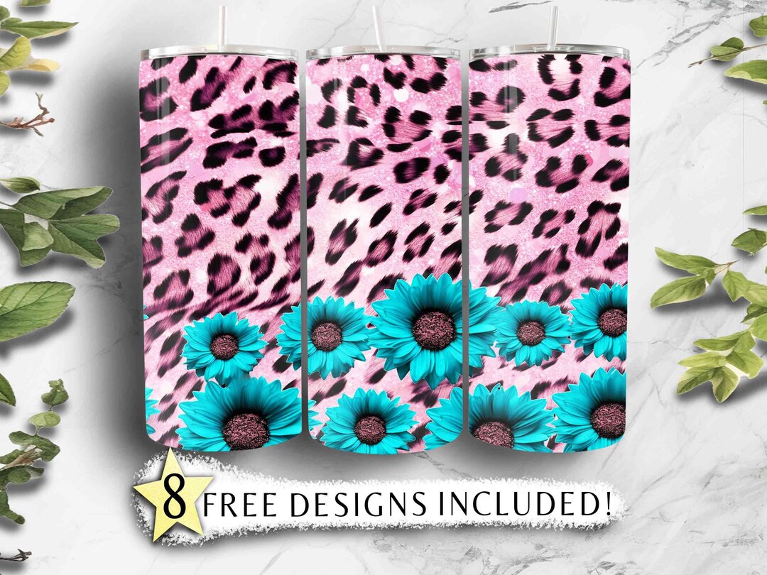 Sparkly Turquoise Sunflower and Hot Pink Leopard Print PNG, Seamless ...
