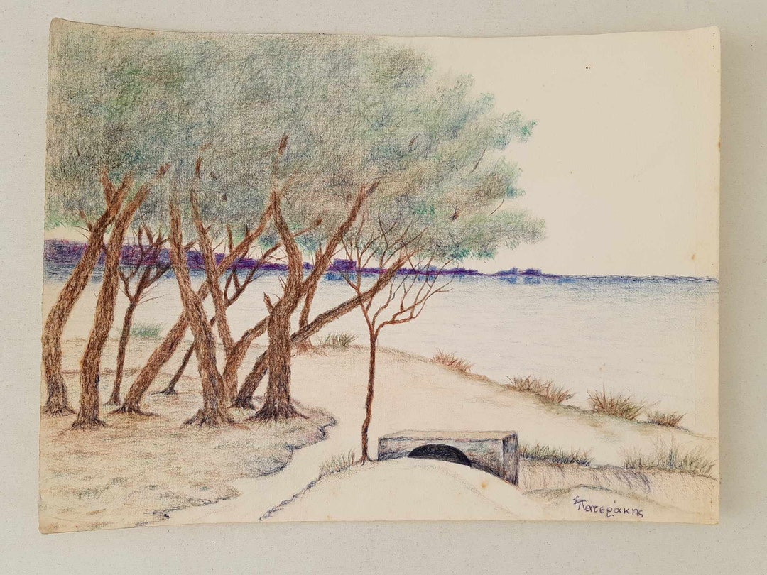 Folk Art Drawing on Paper Greek Landscape ,folk Art Painting Trees on ...