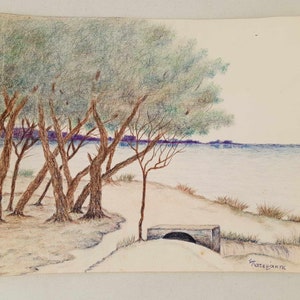 Folk Art Drawing on Paper Greek Landscape ,folk Art Painting Trees on ...