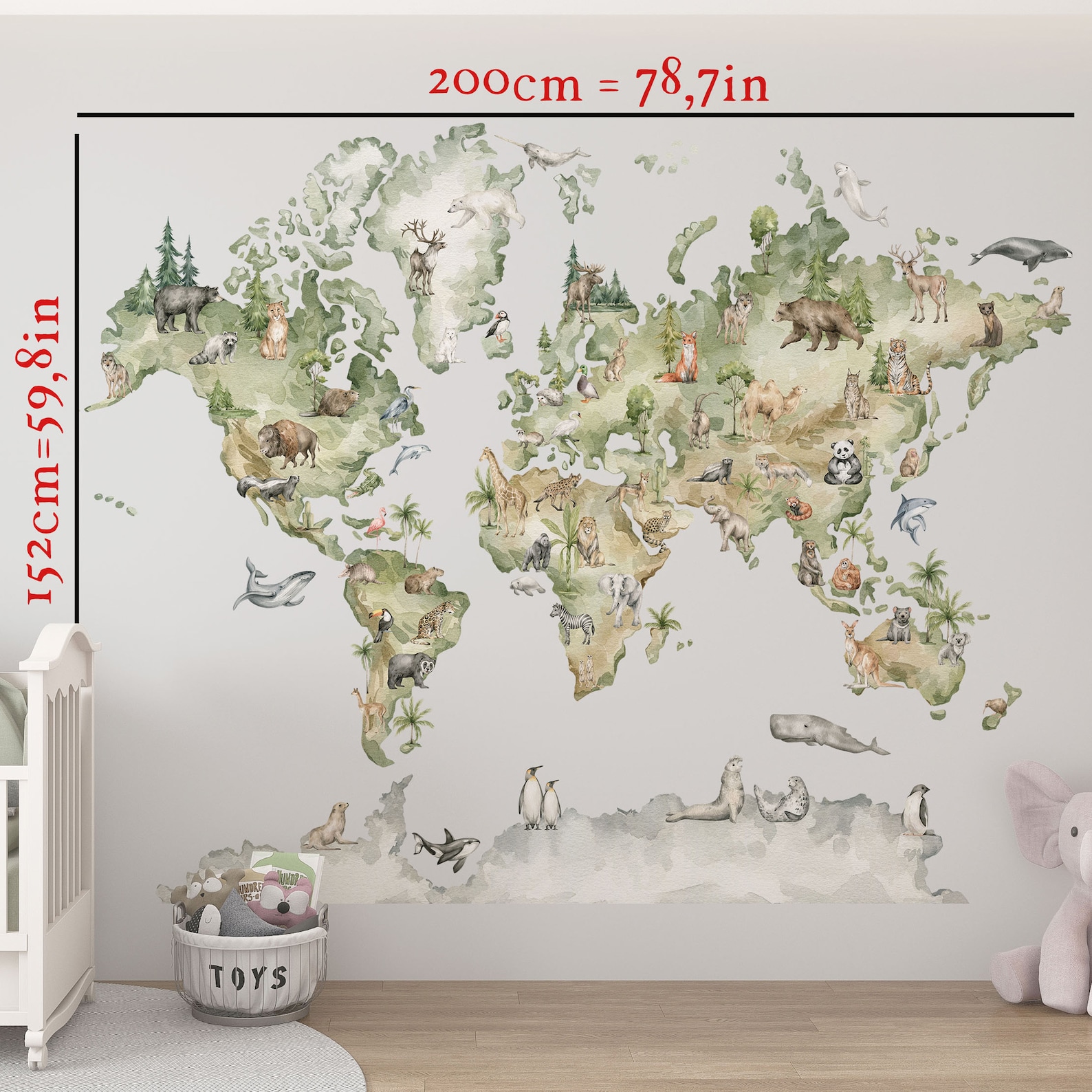 WORLD MAP Wall Decal for Kids, World Map Wall Decal, Wall Decal Animals ...