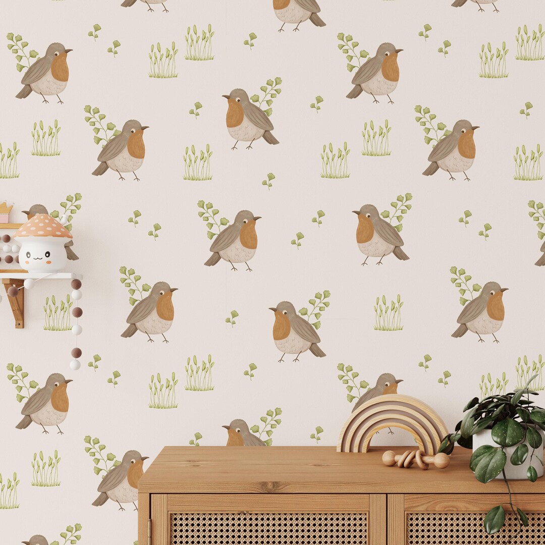 Robin Bird Floral Wallpaper: Neutral Nursery Peel and Stick Mural - Etsy