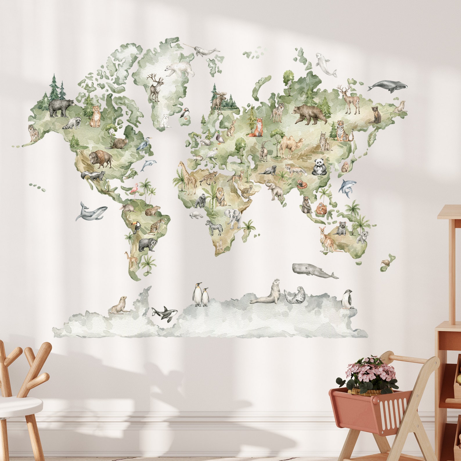 WORLD MAP Wall Decal for Kids, World Map Wall Decal, Wall Decal Animals ...